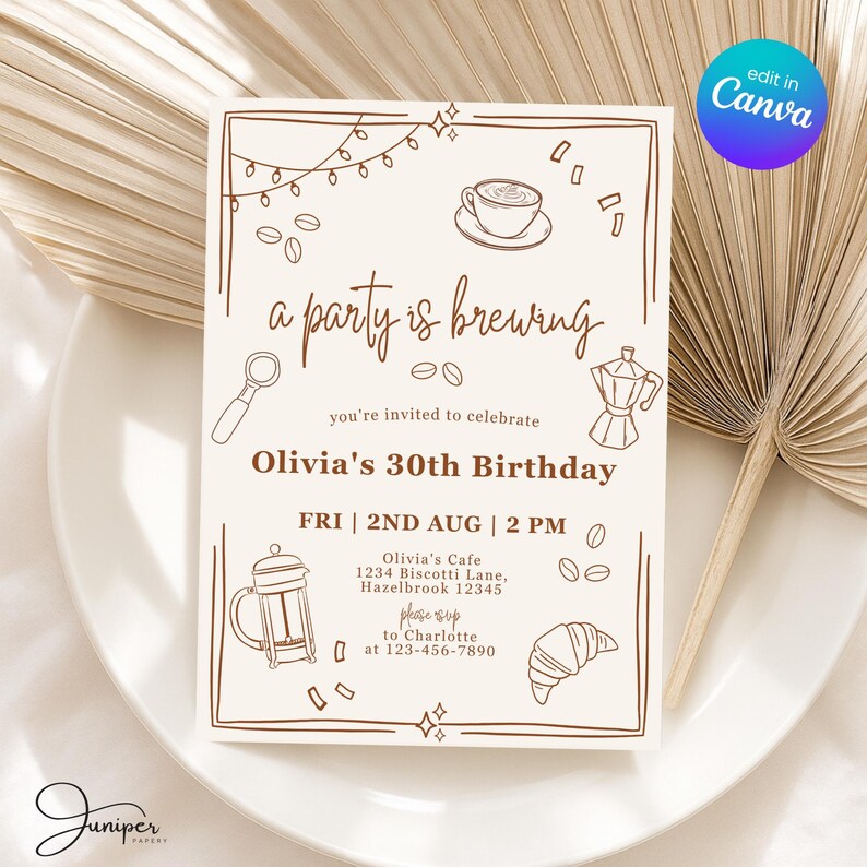 A Party is Brewing Birthday Invitation, Handdrawn Coffee Themed ...