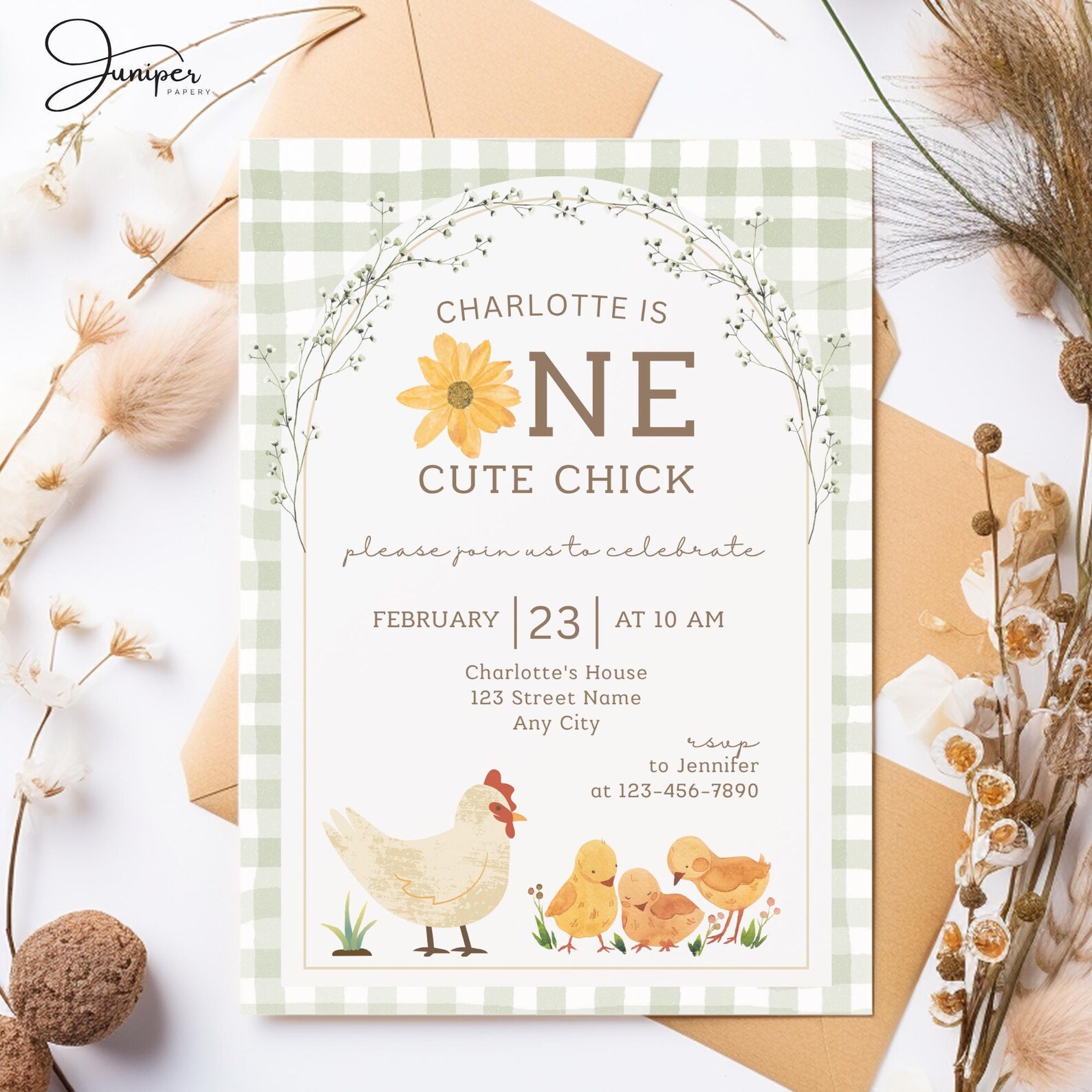 One Cute Chick Birthday Invitation, Green Gingham Chicken Birthday ...
