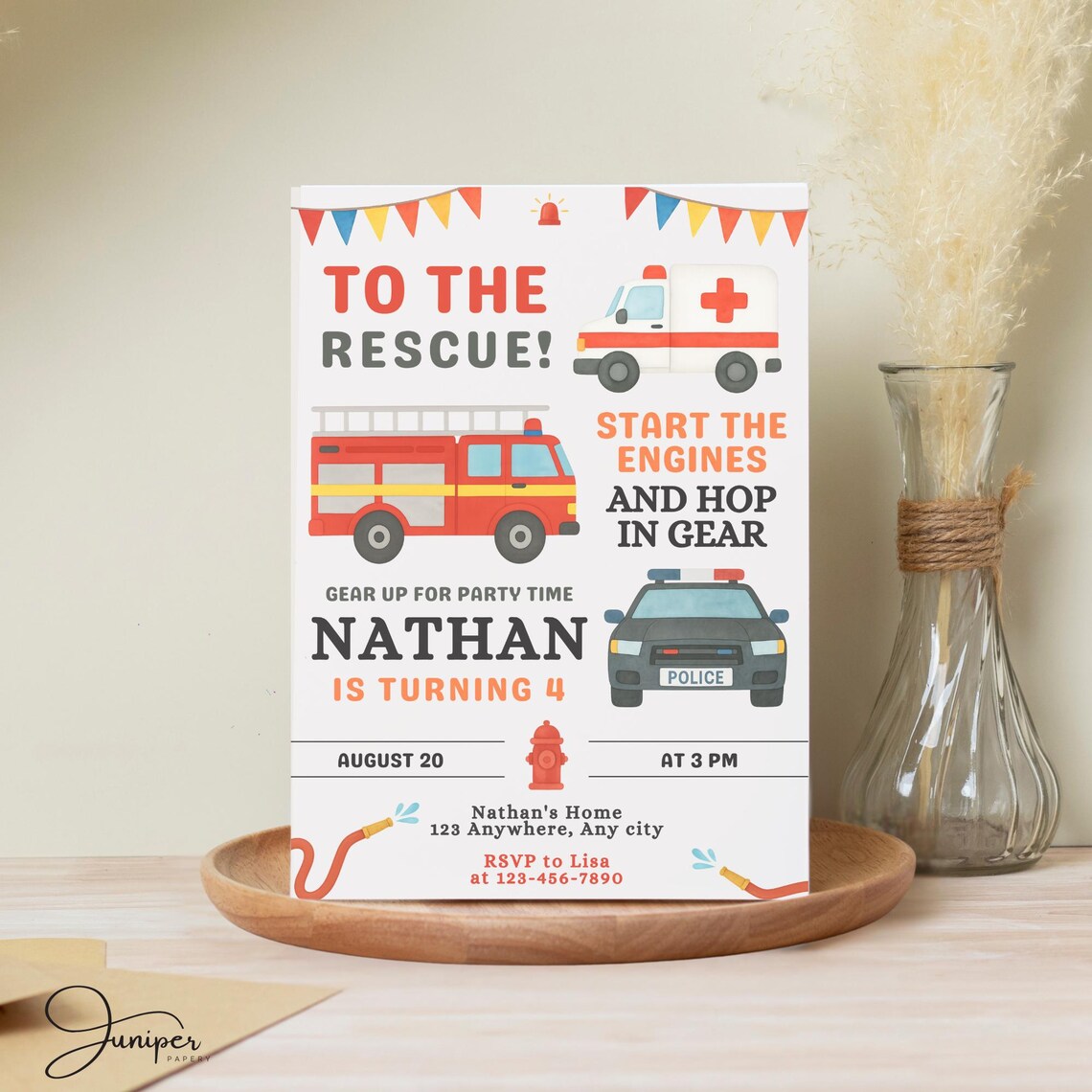 Emergency Vehicles Birthday Invitation, Police Birthday Party Invite ...