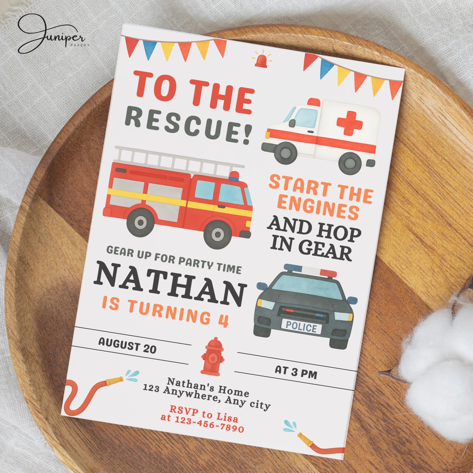 Emergency Vehicles Birthday Invitation, Police Birthday Party Invite ...