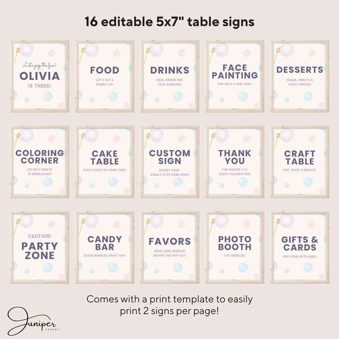 Editable Bubbles Table Signs Template, Bubble Custom Sign, Summer Party ...