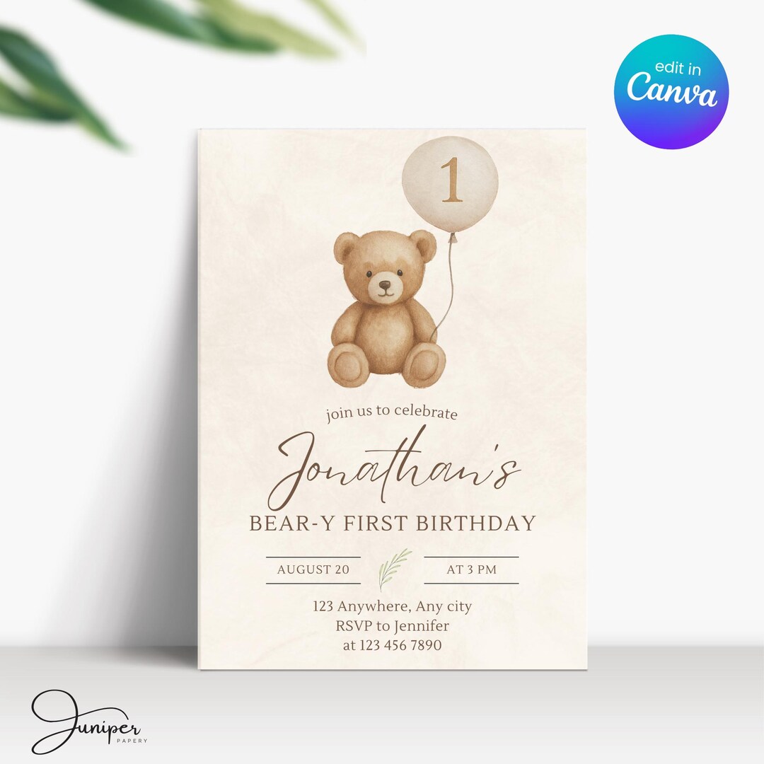 Beary First Birthday Invitation Boy or Girl, Beary 1st Birthday Invite ...