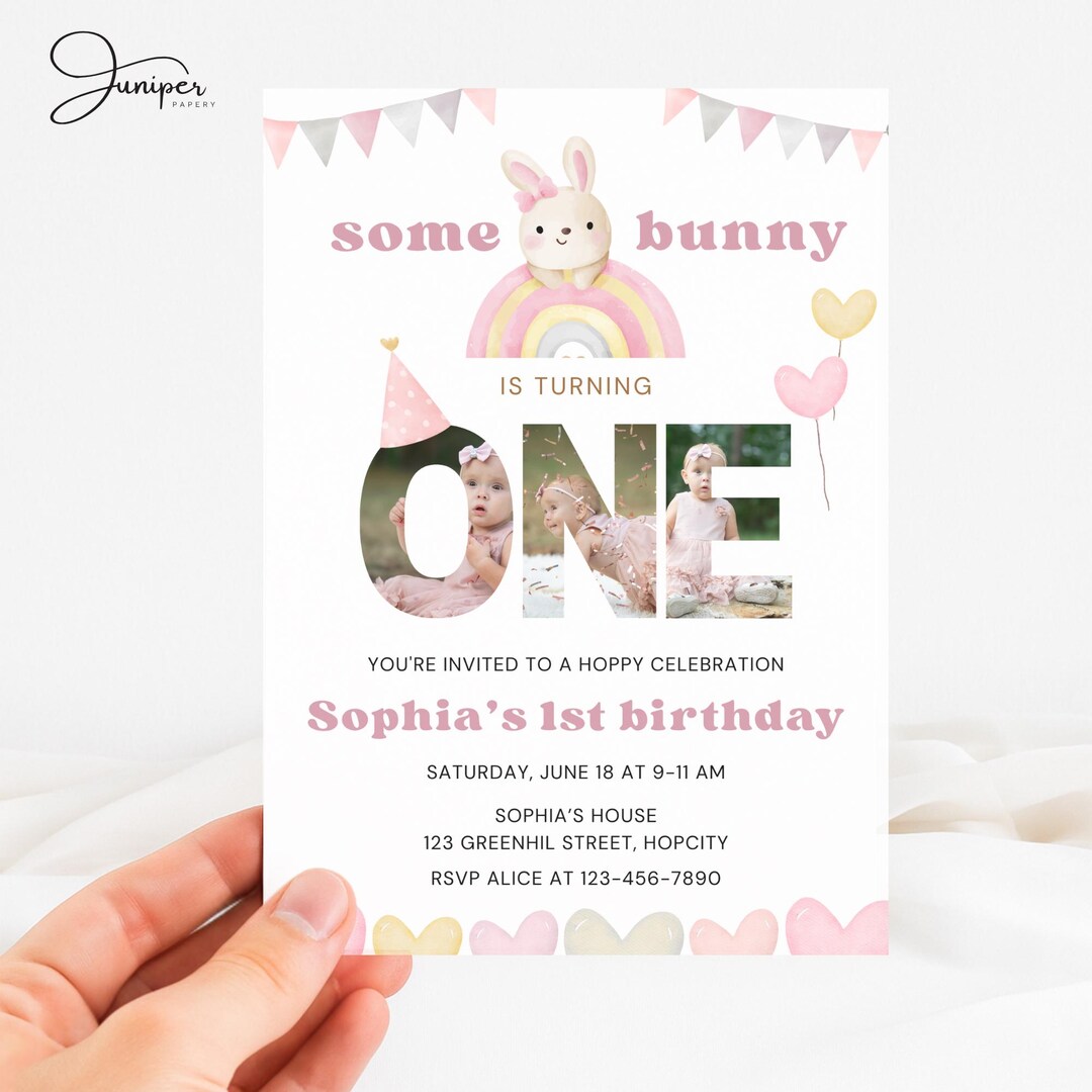 Some Bunny is Turning One Invitation, Rainbow Bunny 1st Birthday Photo ...