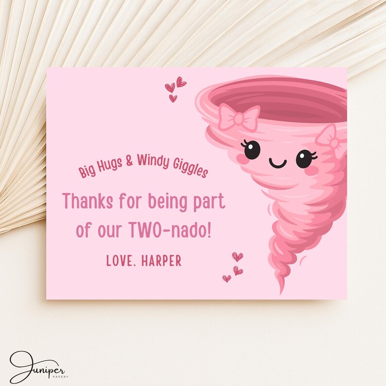 Editable Twonado Birthday Thank You Cards, Pink Tornado Birthday Party ...