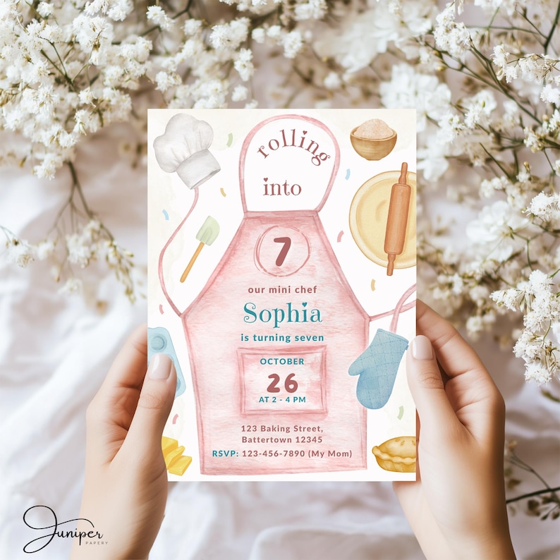 Editable Cooking Birthday Invitation, Pink Apron Cooking, Kitchen Party ...
