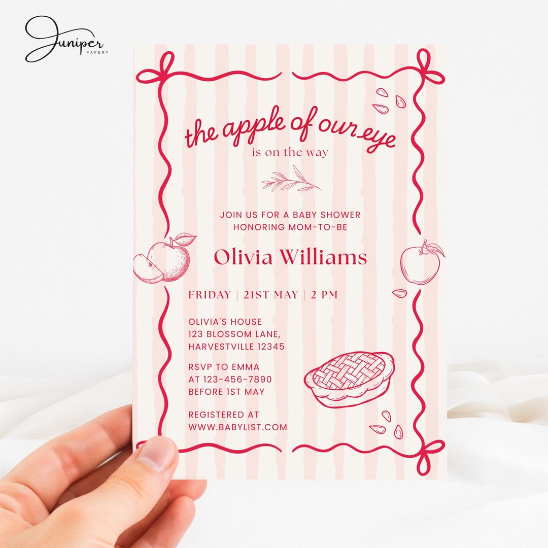 Handdrawn Apple Baby Shower Invitation, Pink Striped Baby Shower Invite ...