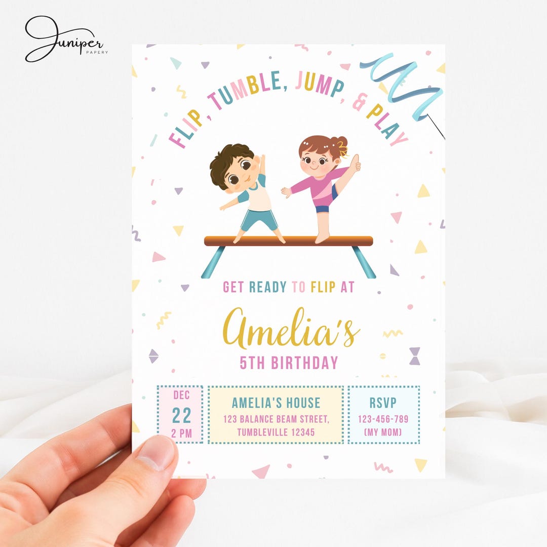 Kids Gymnastics Birthday Invite, Flip Tumble Jump and Play Birthday ...