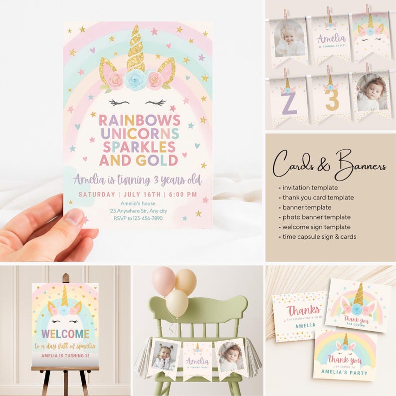 Editable Rainbow Unicorn Birthday Bundle, Unicorn Party Templates ...