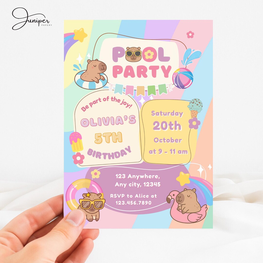 Capybara Pool Party Invite, Pool Party Birthday Invite, 5 Year Old ...
