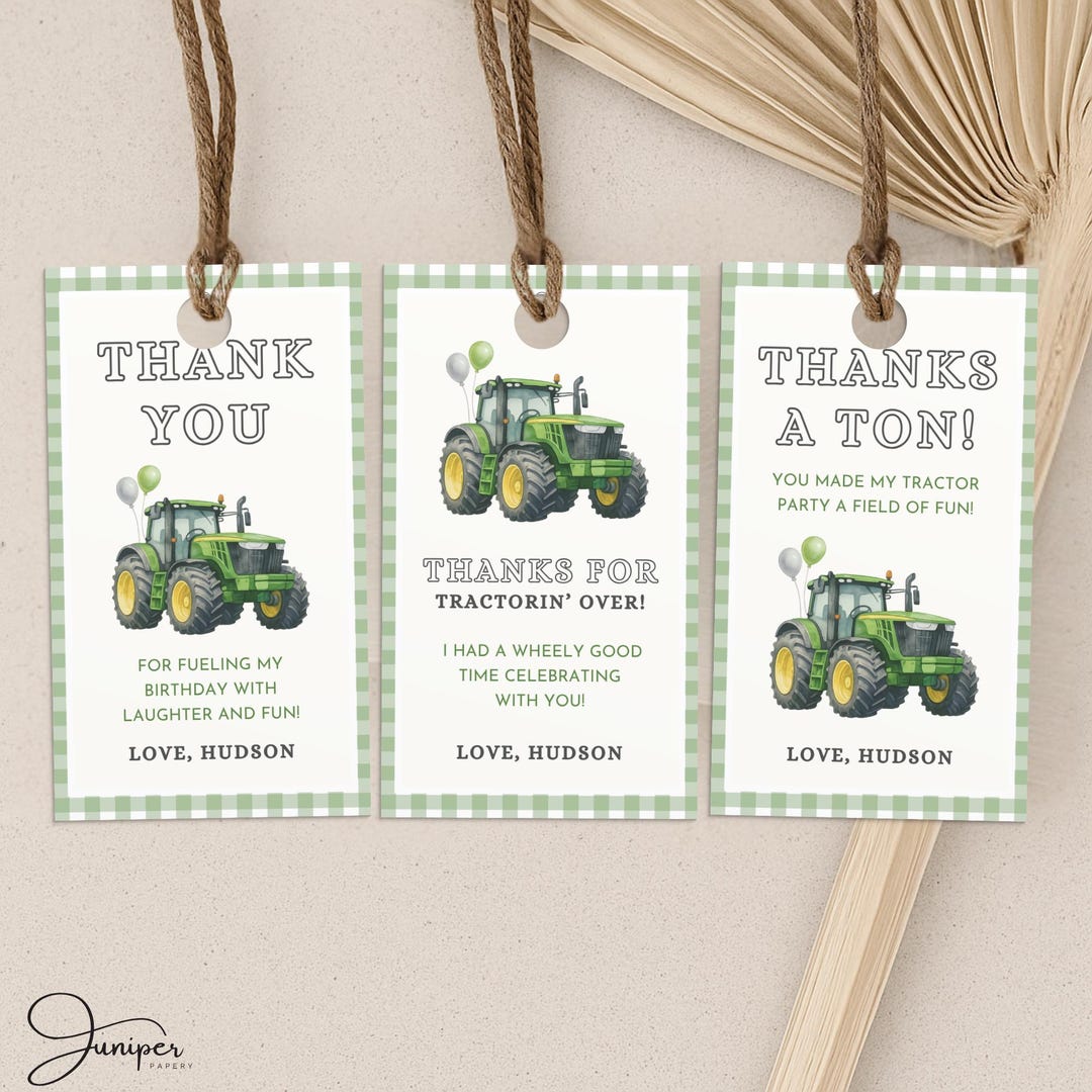 Editable Tractor Birthday Favor Tags, Green Gingham Thank You Tag ...
