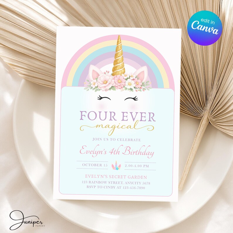 Four Ever Magical Unicorn Birthday Invitation, Pastel Unicorn Rainbow ...