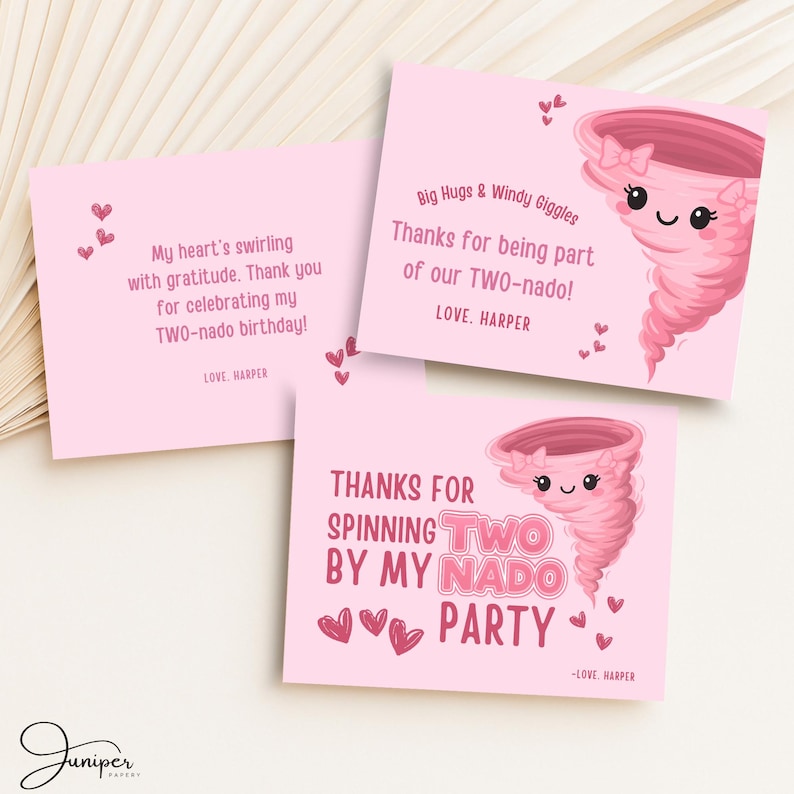 Editable Twonado Birthday Thank You Cards, Pink Tornado Birthday Party ...