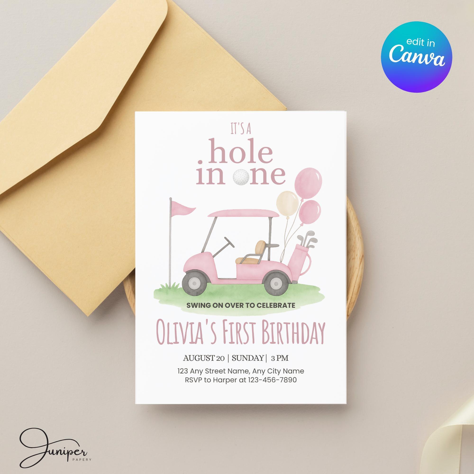 Hole in One Golf First Birthday Invitation, Pink Hole in One Invite ...