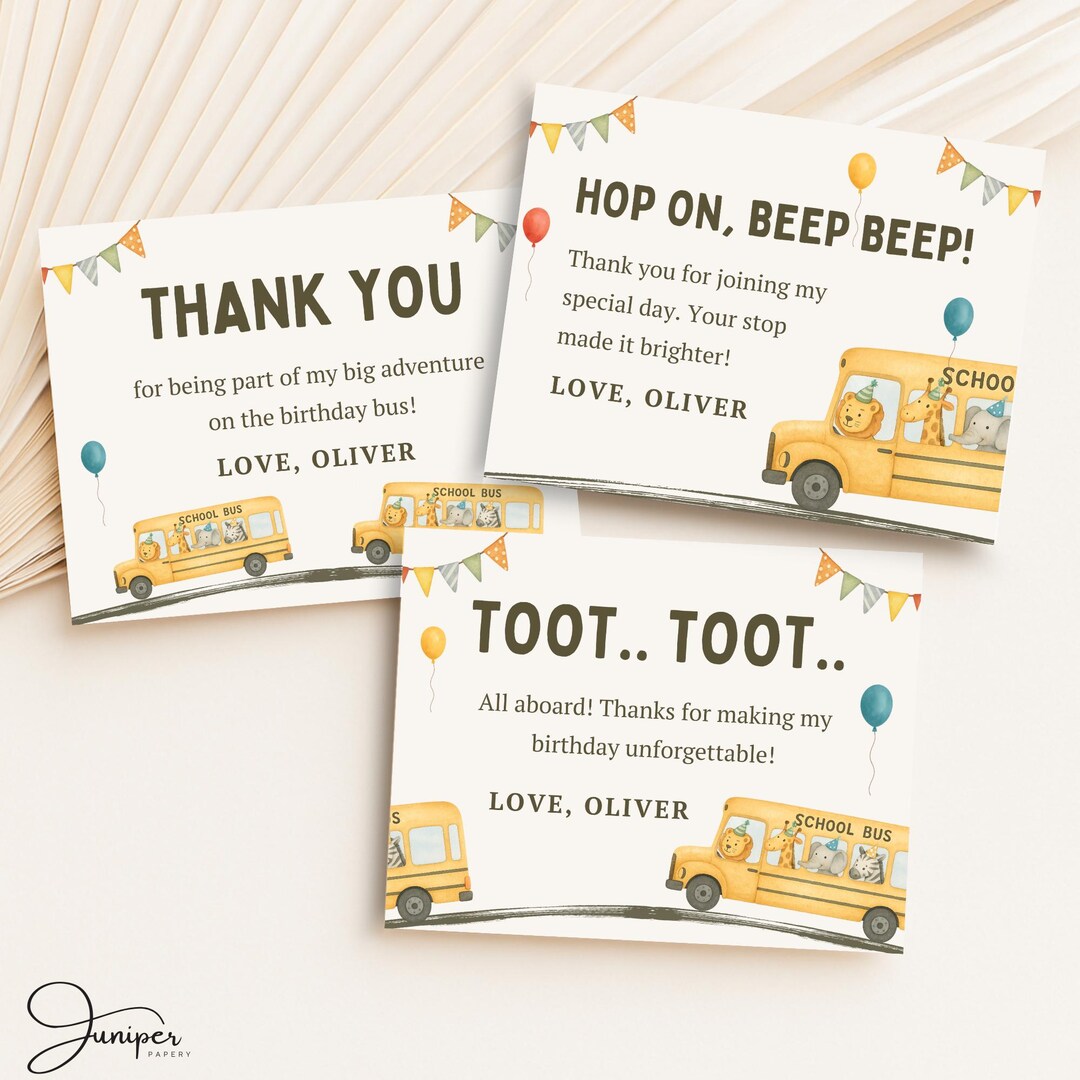 Editable School Bus Thank You Card Template, Vehicles Party Decor ...
