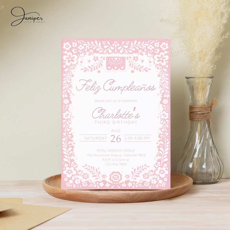 Pink Cielito Lindo Birthday Invitation, Papel Picado Birthday Card ...