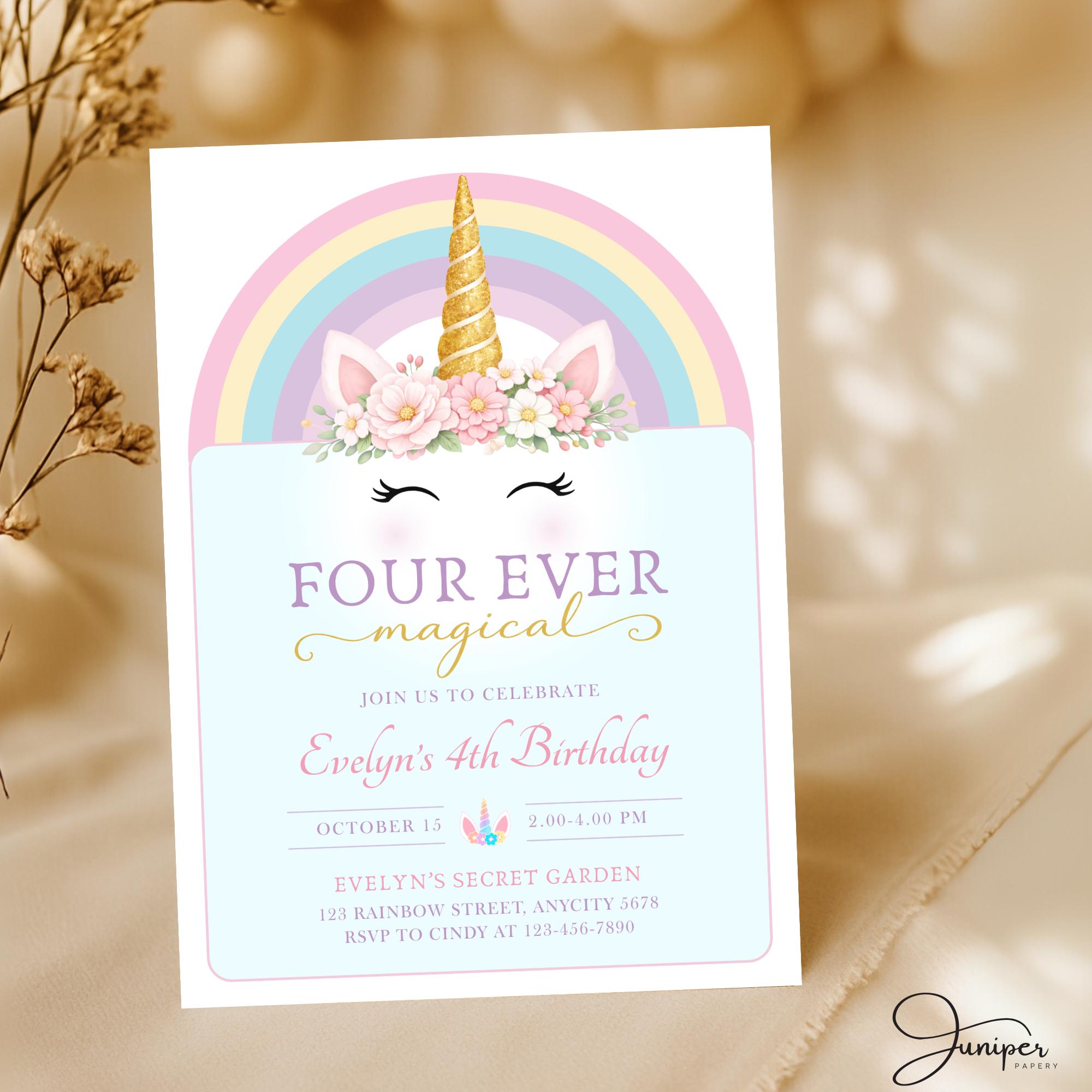 Four Ever Magical Unicorn Birthday Invitation, Pastel Unicorn Rainbow ...