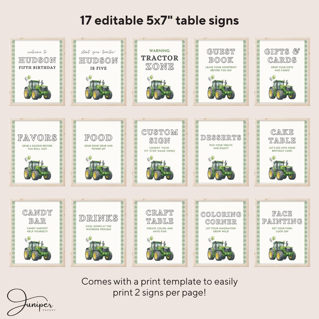 Editable Tractor Birthday Table Signs, Farm Birthday Party Signs, Green ...