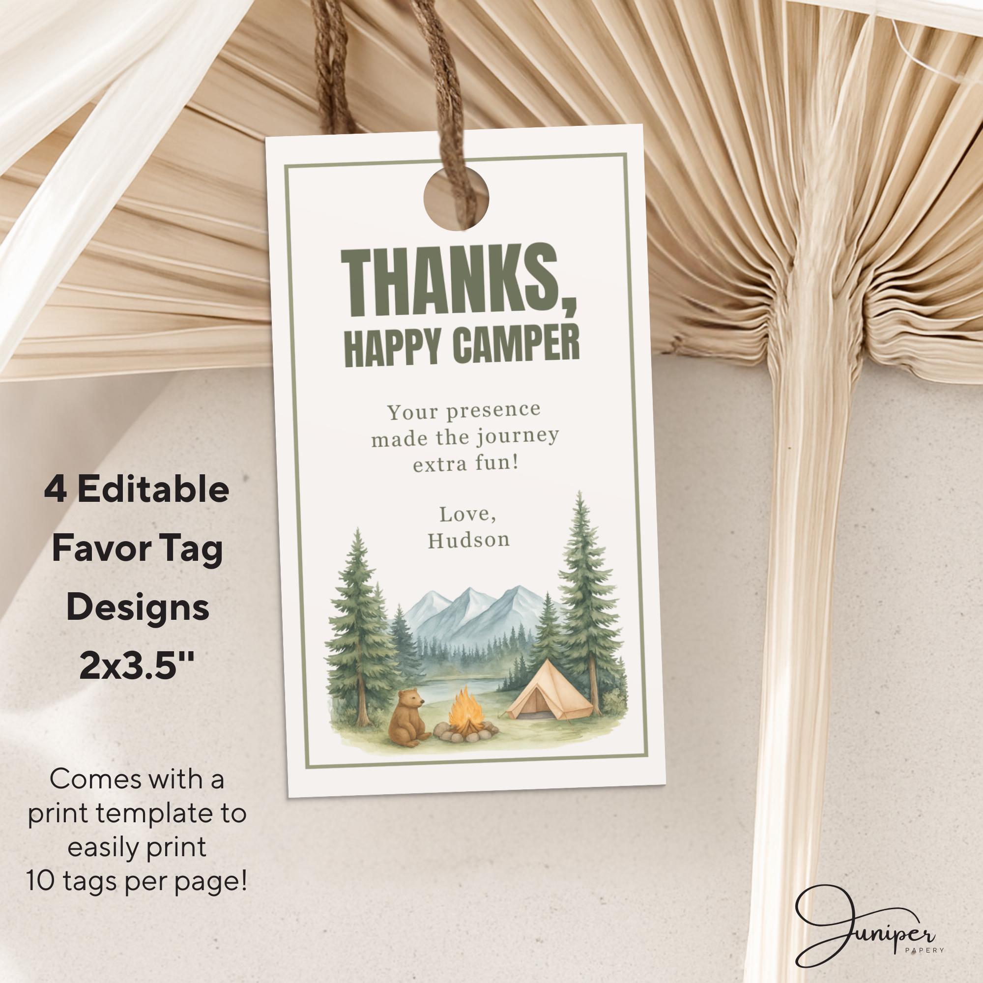 Editable One Happy Camper Favor Tags, Bear Camping Birthday Gift Tag ...