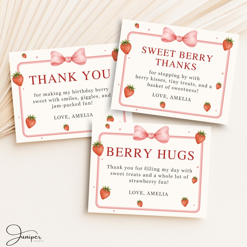 Editable Strawberry Thank You Cards, Pink Ribbon Berry Gift Cards ...