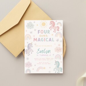Four Ever Magical Unicorn Invitation Canva Template, Magical 4 Year Old ...