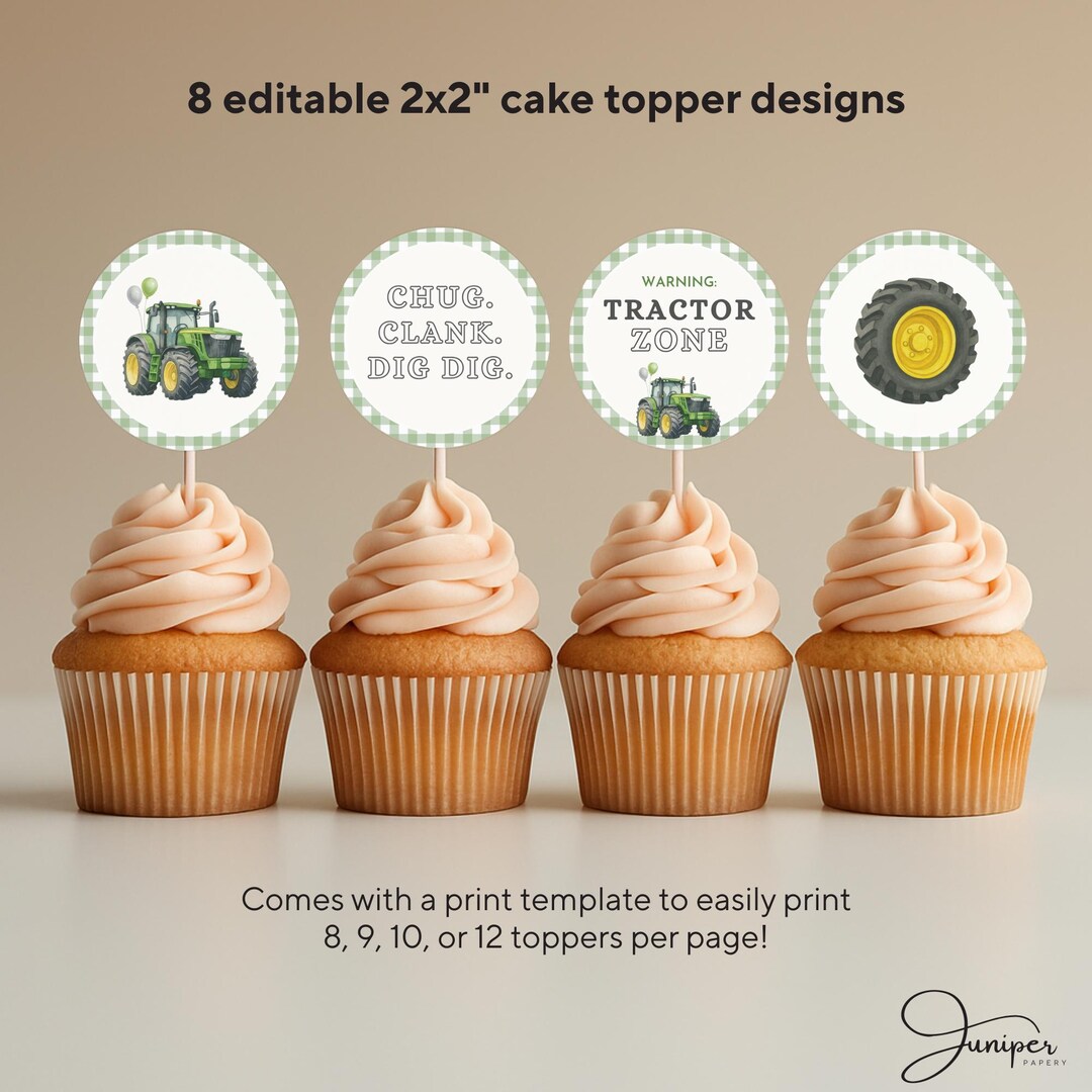 Editable Tractor Cupcake Toppers, Green Gingham Cake Toppers, Barnyard ...