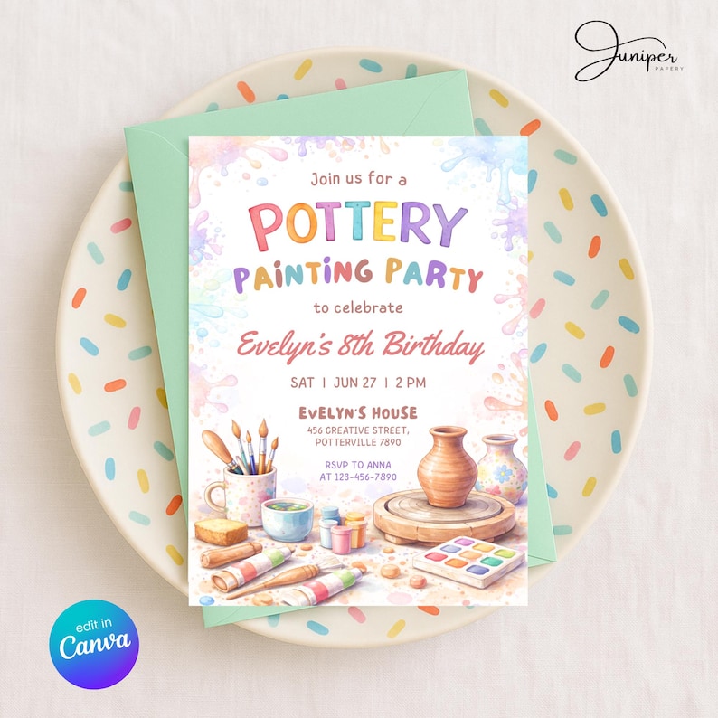Pottery Painting Party Birthday Invitation, Art and Craft Birthday Card ...