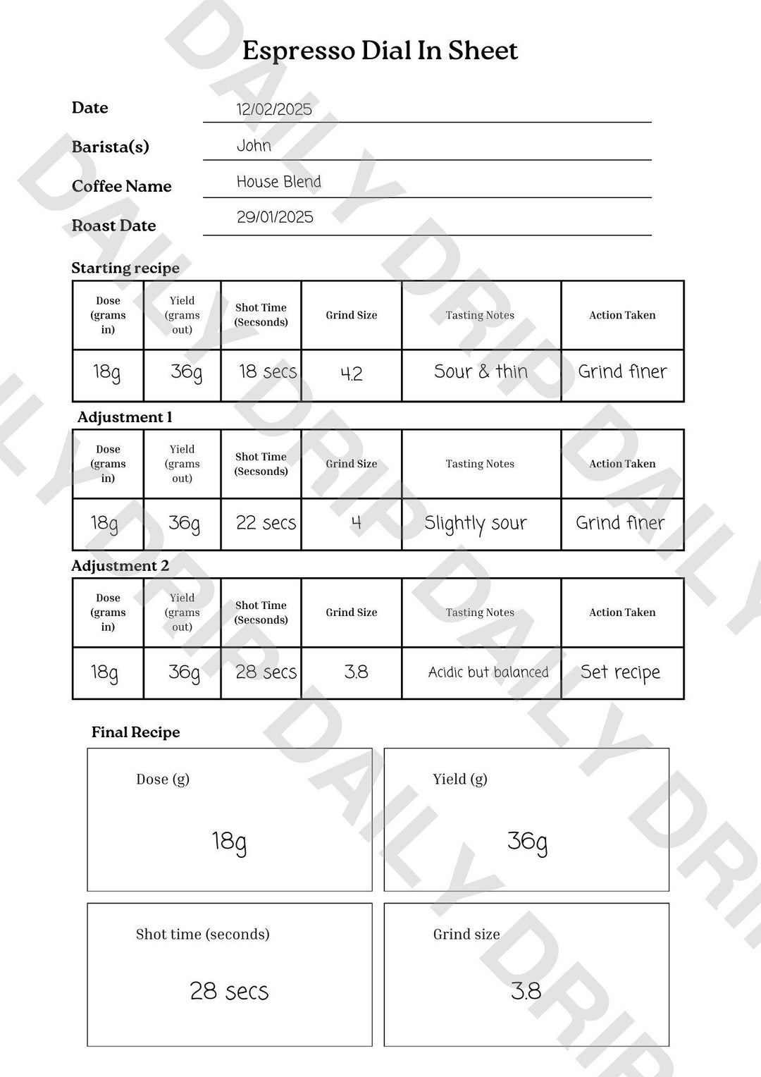 Espresso Dial-in Sheet PDF | Printable Coffee Barista Log | Specialty ...