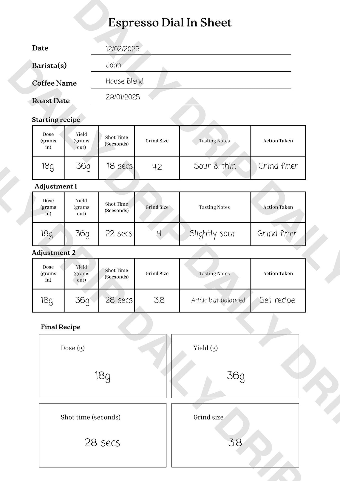 Espresso Dial-in Sheet PDF | Printable Coffee Barista Log | Specialty ...