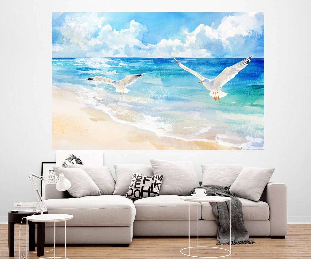 Watercolor Seagull Canvas Print, Azure Ocean, Coastal Wall Art - Etsy