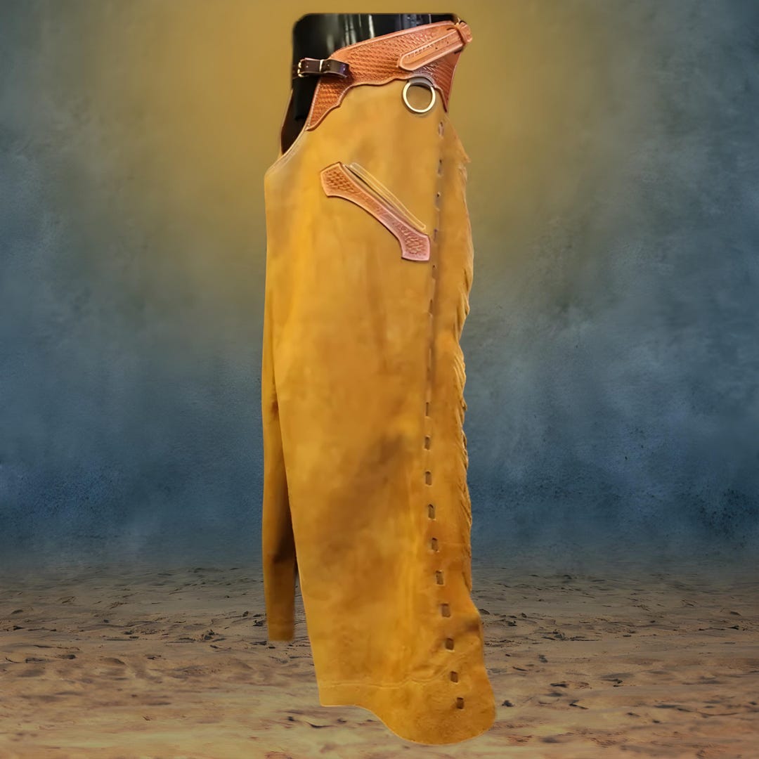 Men's Western Leather Roughout Fringe Shotgun Chaps | Handmade Tooled ...