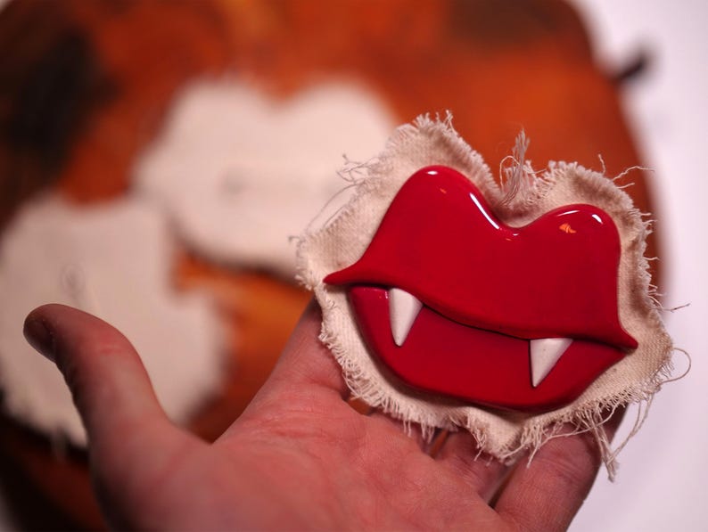 Vampire Lips Fang Brooch - Gothic Horror Pin With Raw Fabric Edge - Etsy