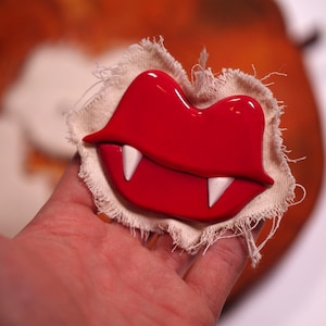 Vampire Lips Fang Brooch - Gothic Horror Pin With Raw Fabric Edge - Etsy