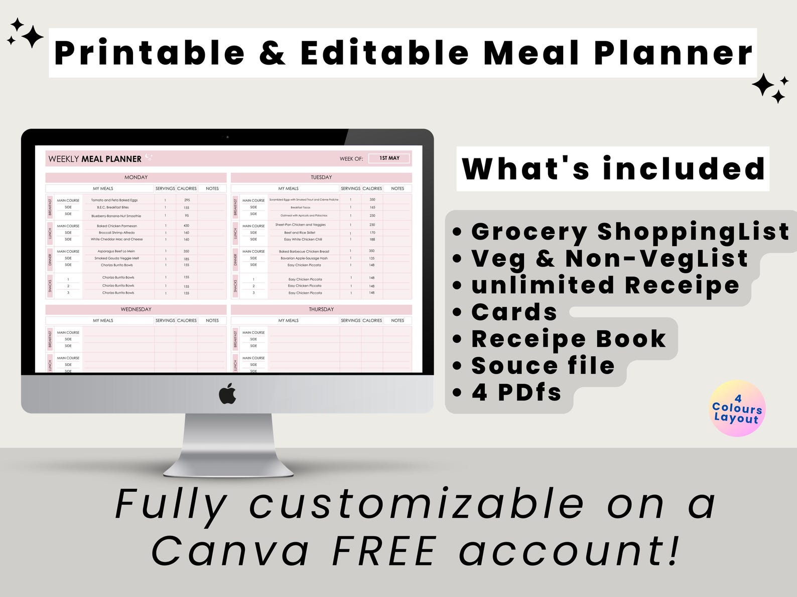 Printable & Editable Weekly Meal Planner With Calories Count | Grocery ...