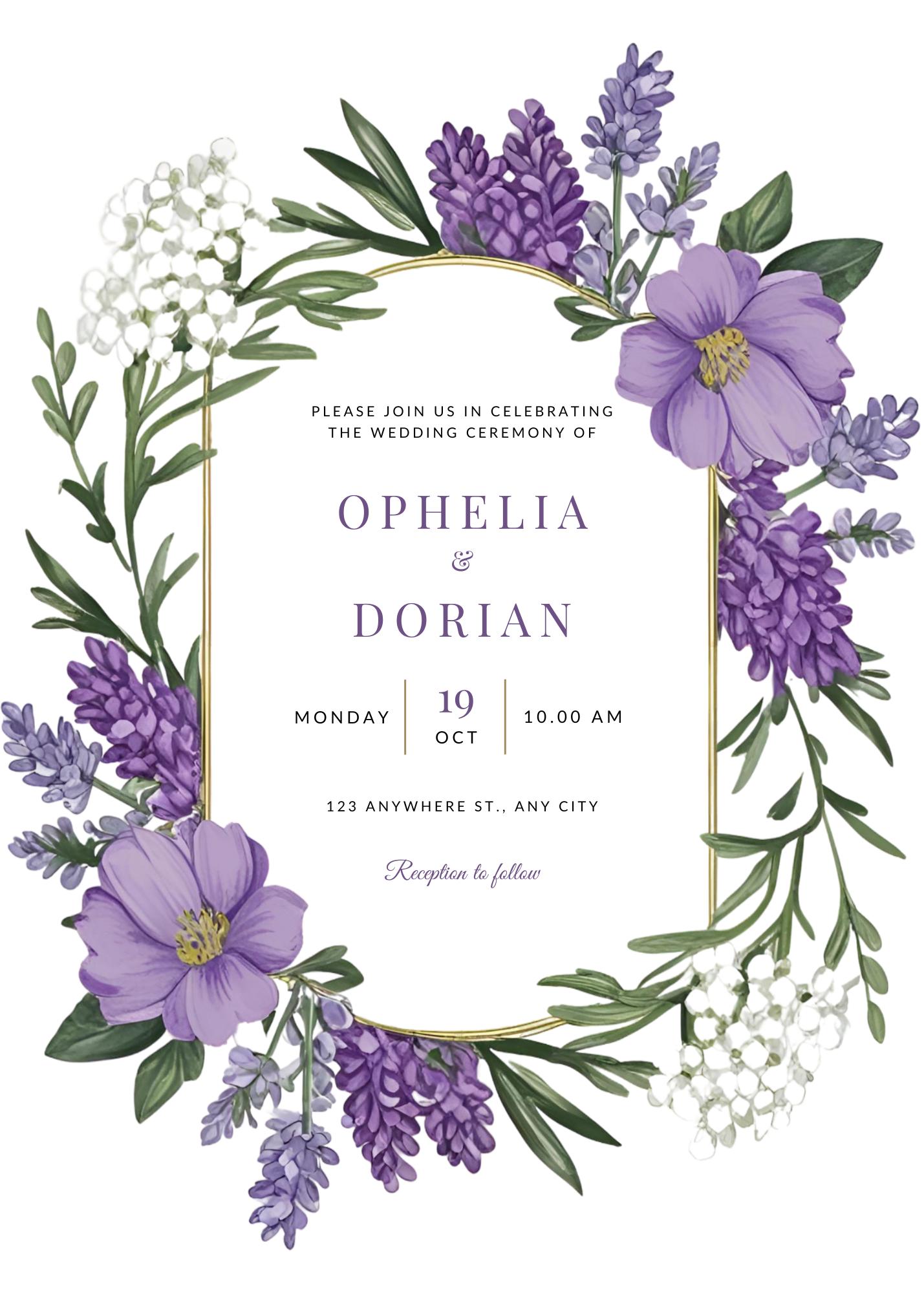 Lavender Floral Wedding Invitation | Editable Canva Template | 5x7 ...