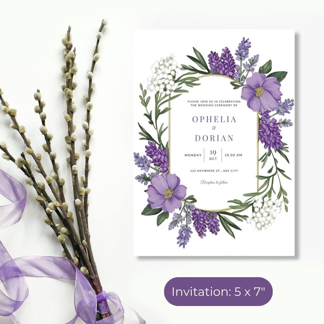 Lavender Floral Wedding Invitation | Editable Canva Template | 5x7 ...