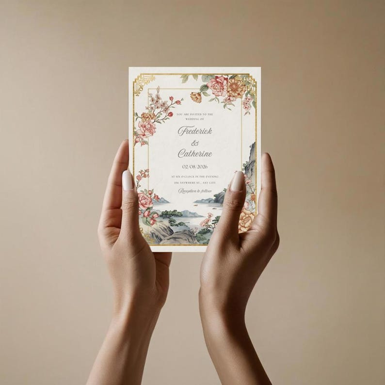 Asian Inspired Wedding Invitation, Elegant Oriental Floral Landscape ...