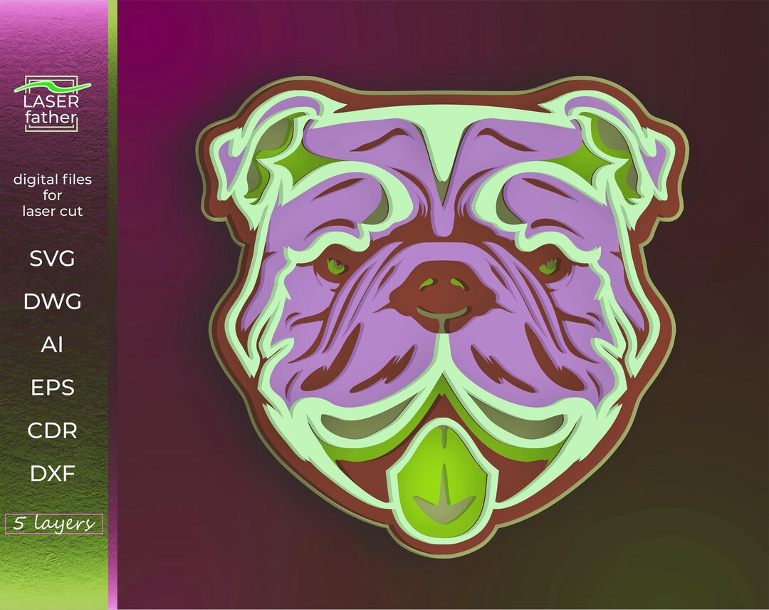 Bulldog Face SVG, Dog Laser Cut File, 3D Multilayer Art, Pet Vector ...