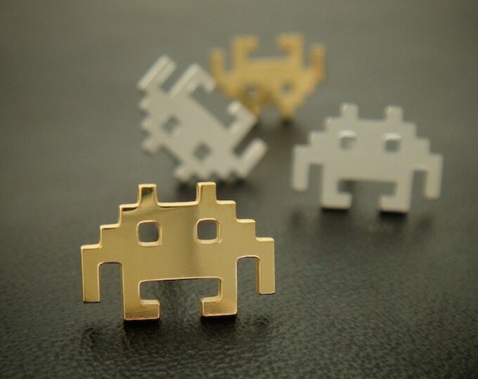 Gold-plated Space Invader Sterling Silver Stud Earrings - Etsy