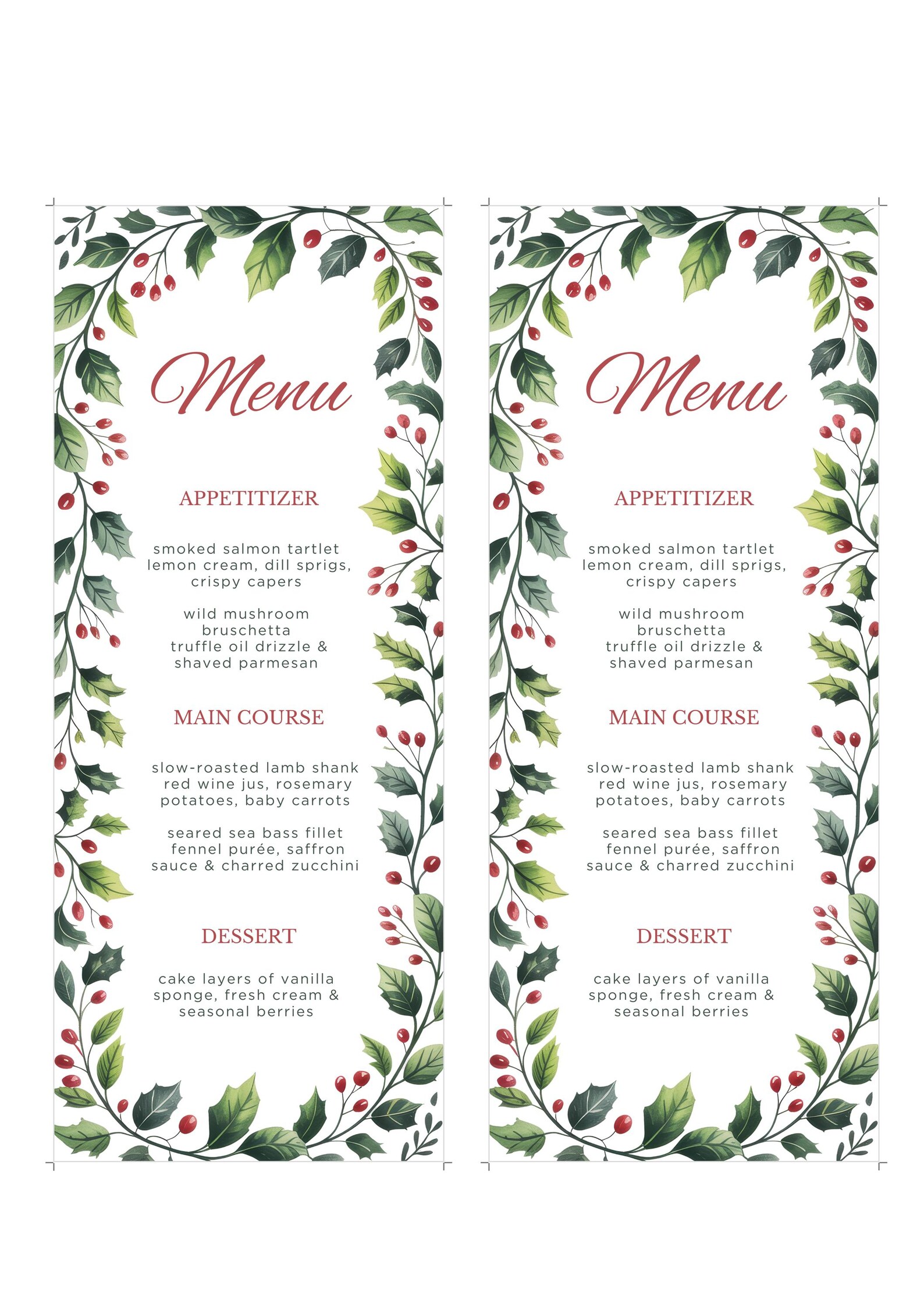 Christmas Menu Template – Printable Holiday Dinner Menu, A4 Sheet ...