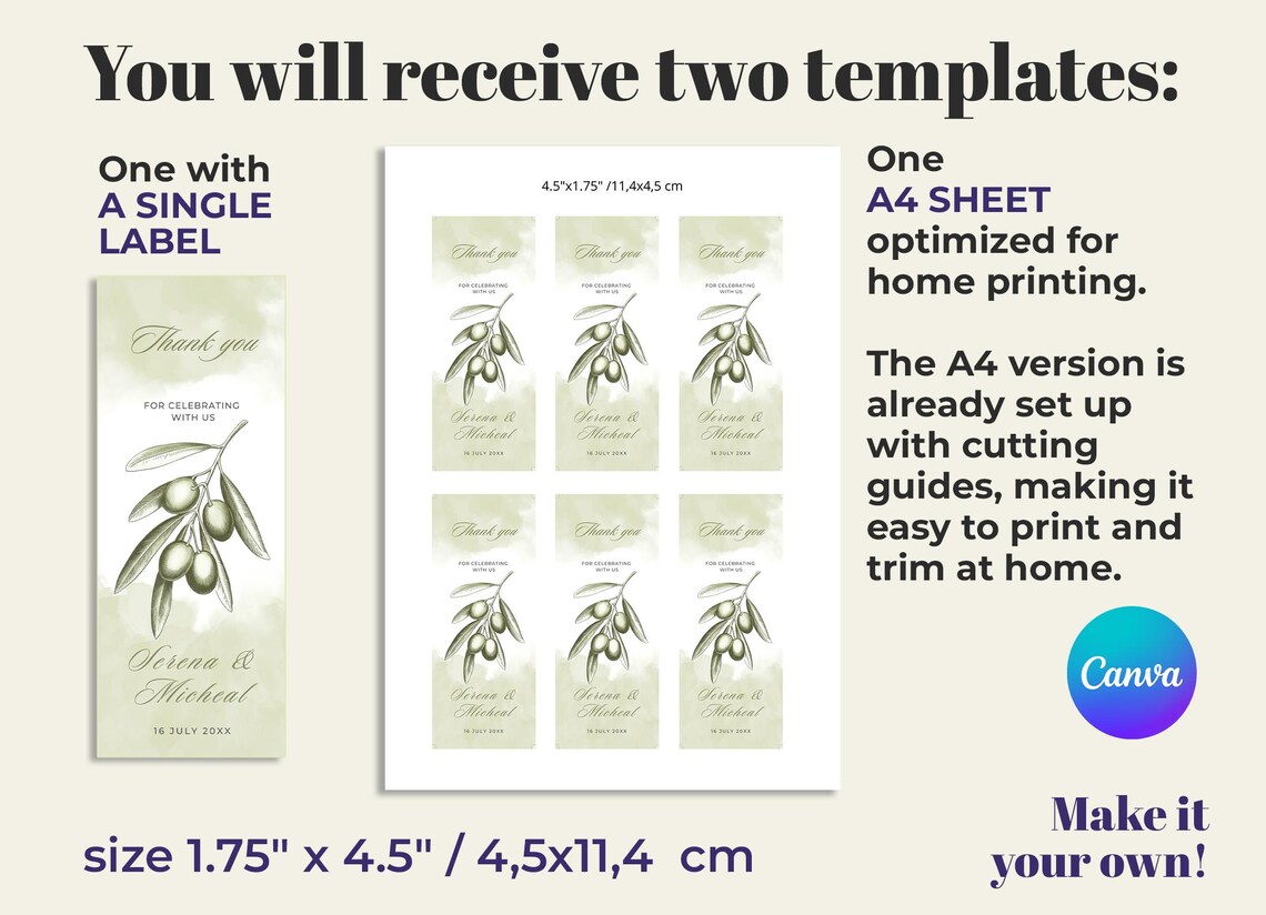Olive Oil Wedding Favor Labels – Editable Canva Template, Rustic Olive ...