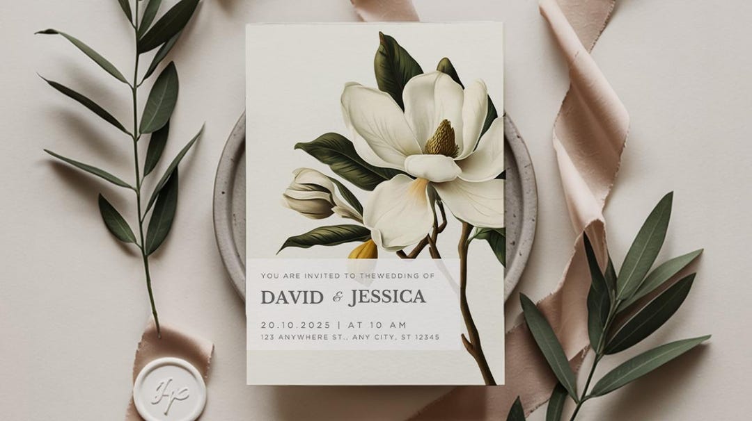 Editable Magnolia Wedding Invitation Template • Canva Digital Download ...