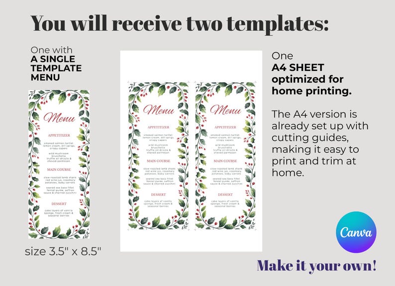Christmas Menu Template – Printable Holiday Dinner Menu, A4 Sheet ...