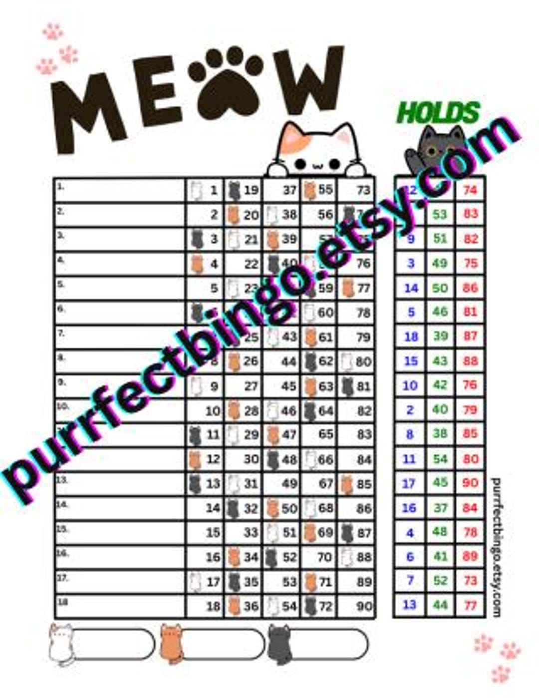 90 Balls + Holds Bingo Boards Card Cartoon Cat Theme | 1 Digital ...