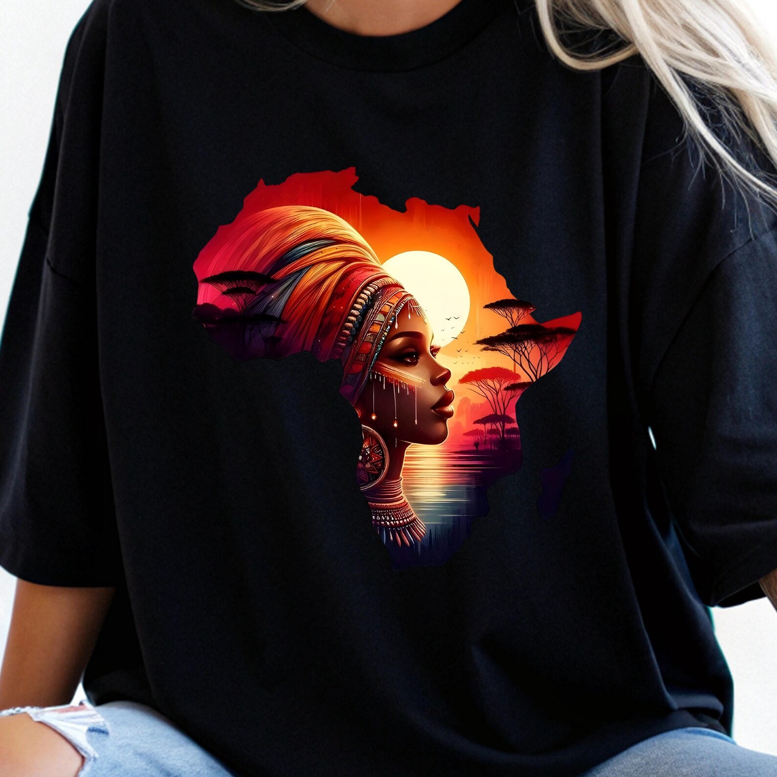 African Woman Sunset DTF Transfer Ready to Press Afrocentric Map Design ...