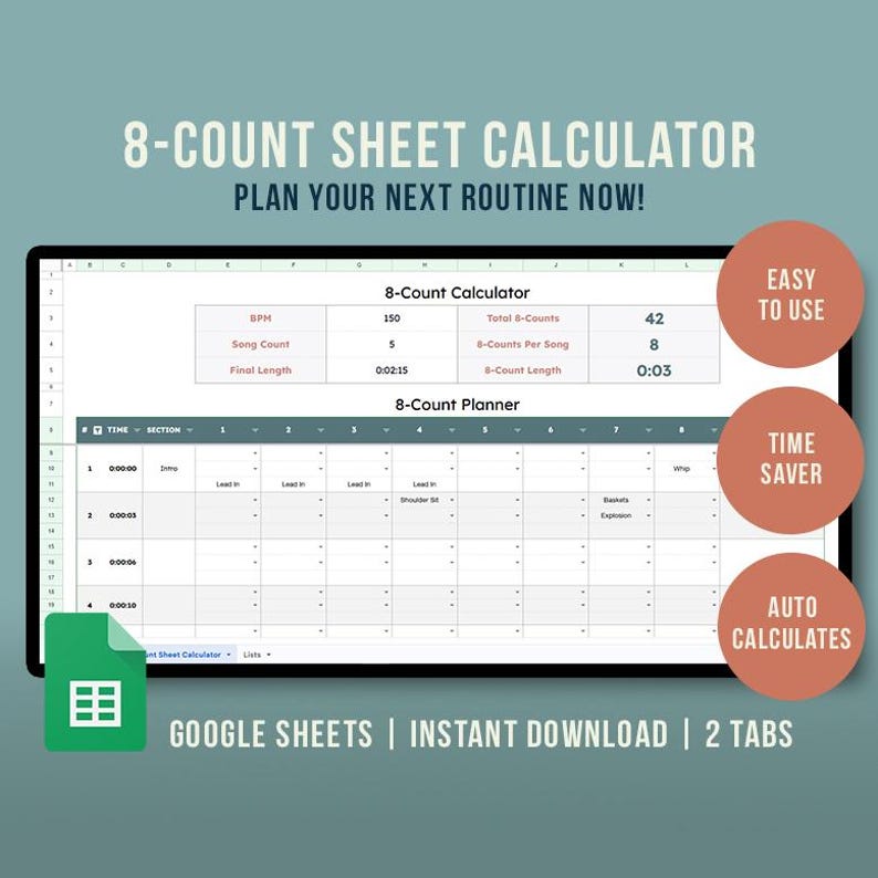 8-count Sheet Calculator for Cheer and Dance - Etsy