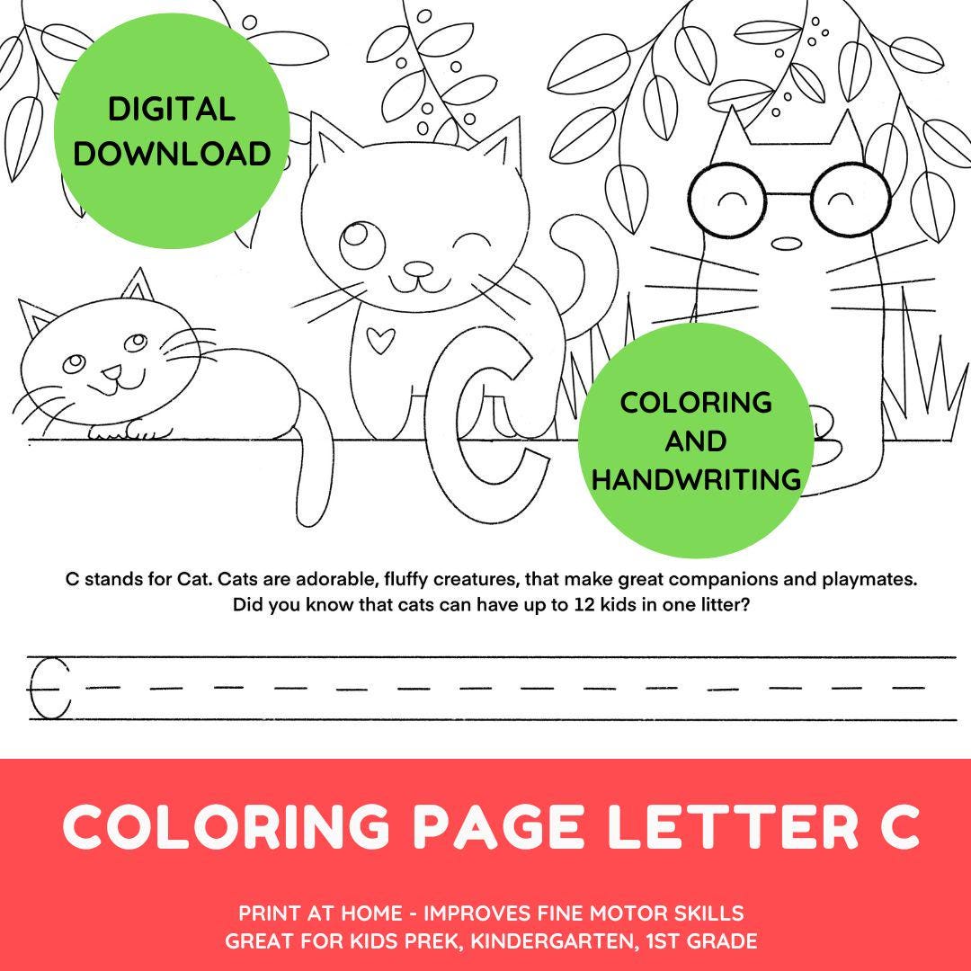 Cat Coloring Page Letter C Digital Download for Kids Fun Activity ...
