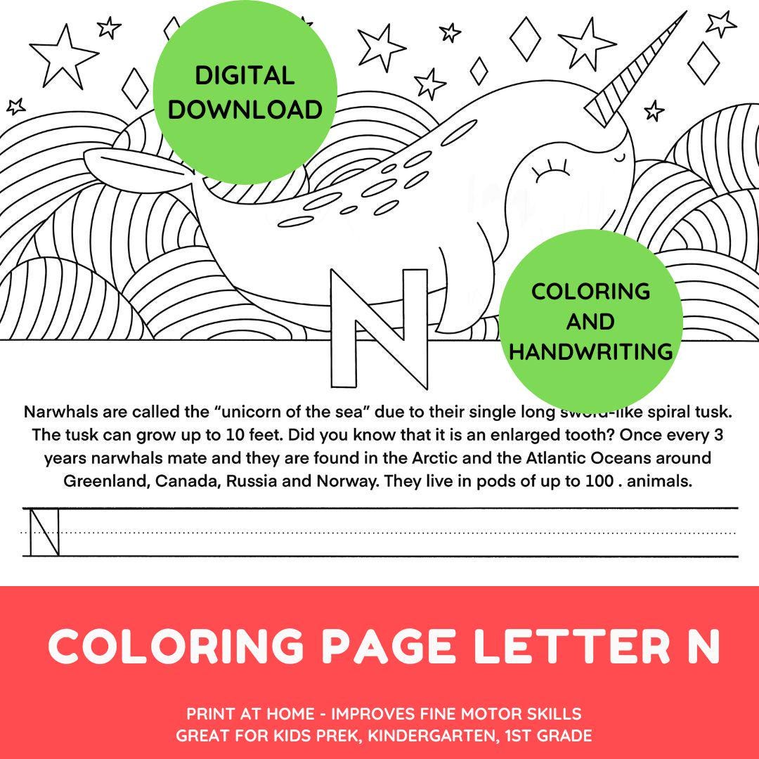 Narwhal Coloring Page, Letters Practice Coloring Pages, Kids ...