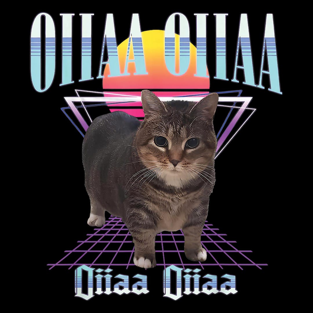 Vaporwave Cyber Cat Meme T-shirt - Retro Aesthetic 80s Neon Grid PNG ...