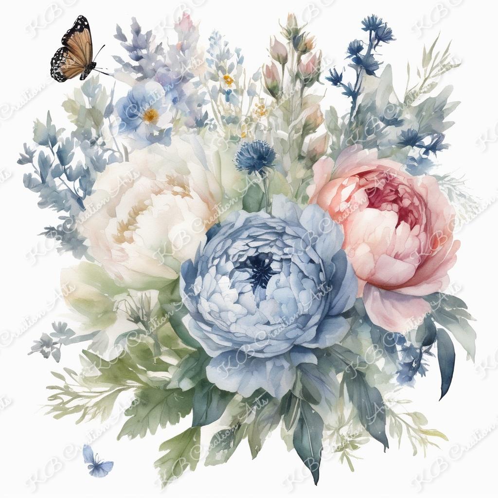 Watercolor Peony & Rose Bouquet Clipart: Commercial Use (digital ...