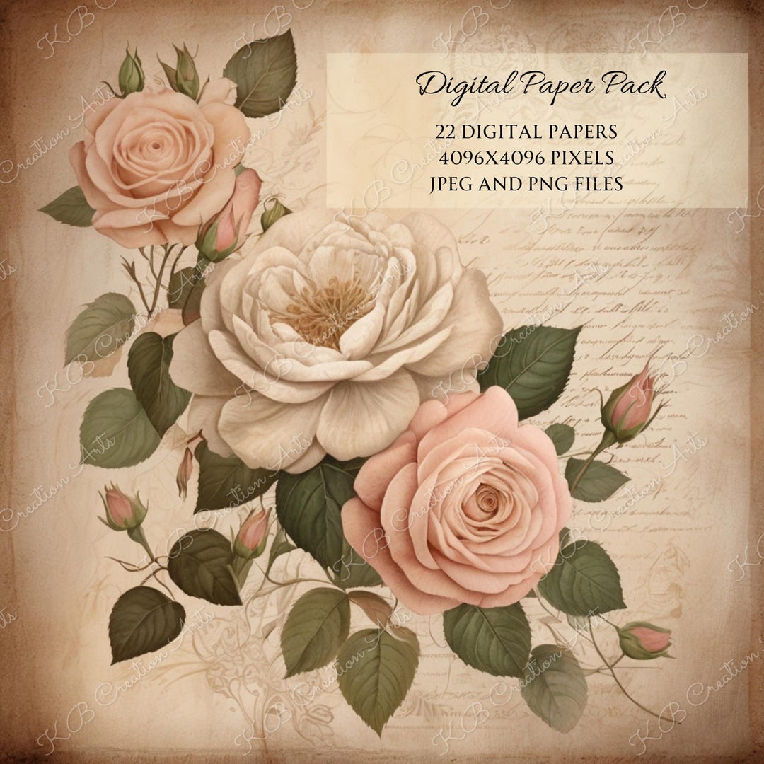 Vintage Rose Digital Paper Pack: Antique Floral Backgrounds (JPEG & PDF ...